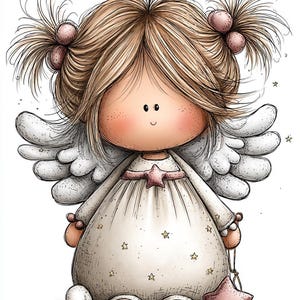 Sweet Angel Illustration, Gentle Pastel Angel With Halo and Stars ...