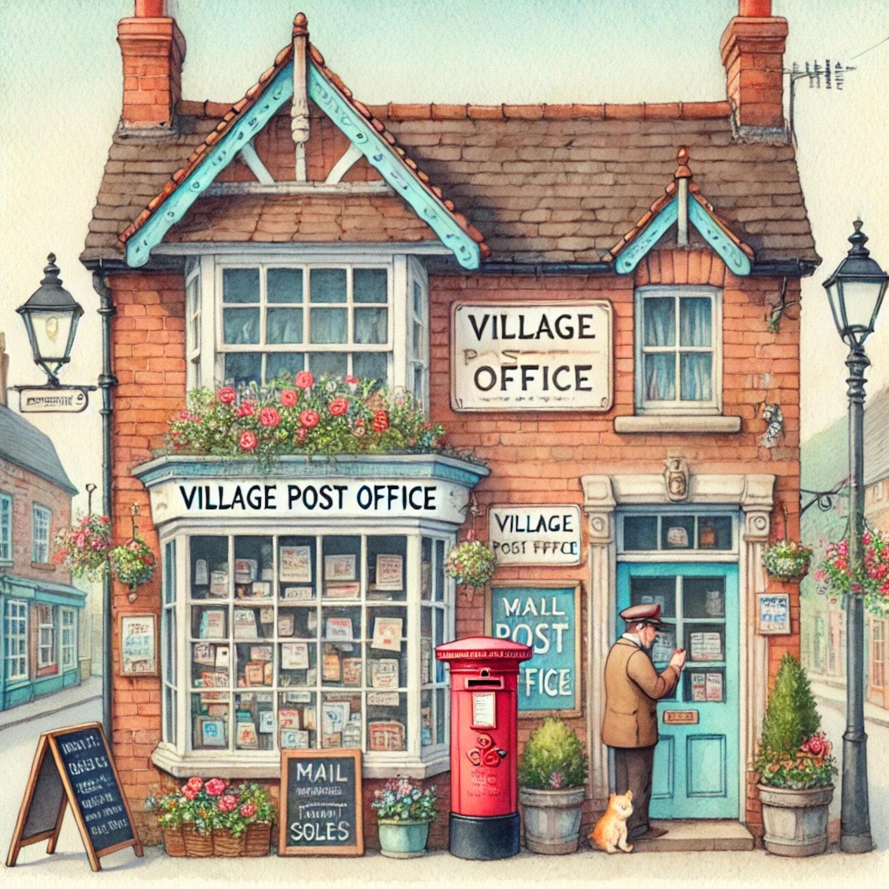 The Village Post Office, Watercolor Illustration, Charming Town Scene ...