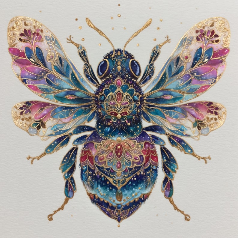 Sacred Bee Art, Ornate Bee Clip, Gold Bee Design, Boho Bug Print ...
