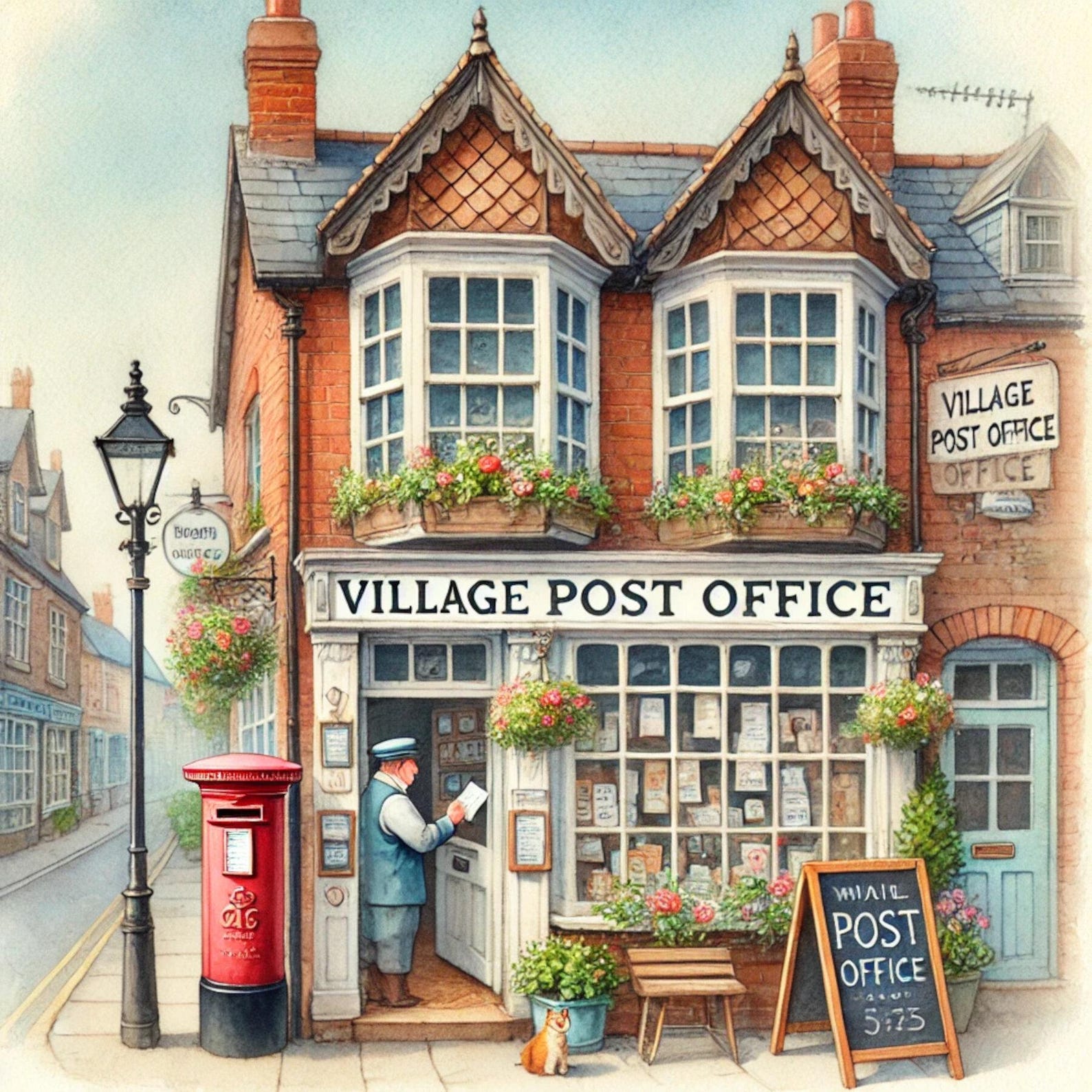 The Village Post Office, Watercolor Illustration, Charming Town Scene ...