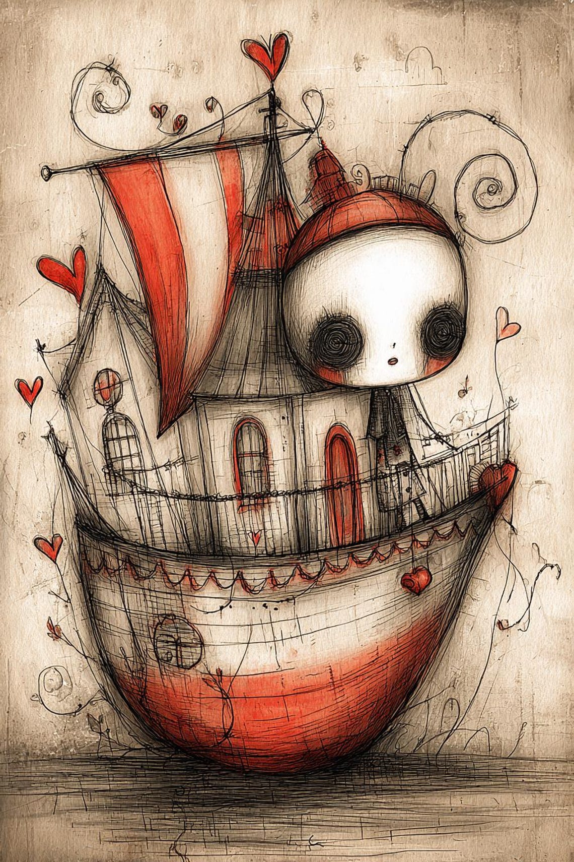 Gothic Ship, Spooky Boat, Eerie Voyage, Creepy Cute, Haunted Art, Red ...