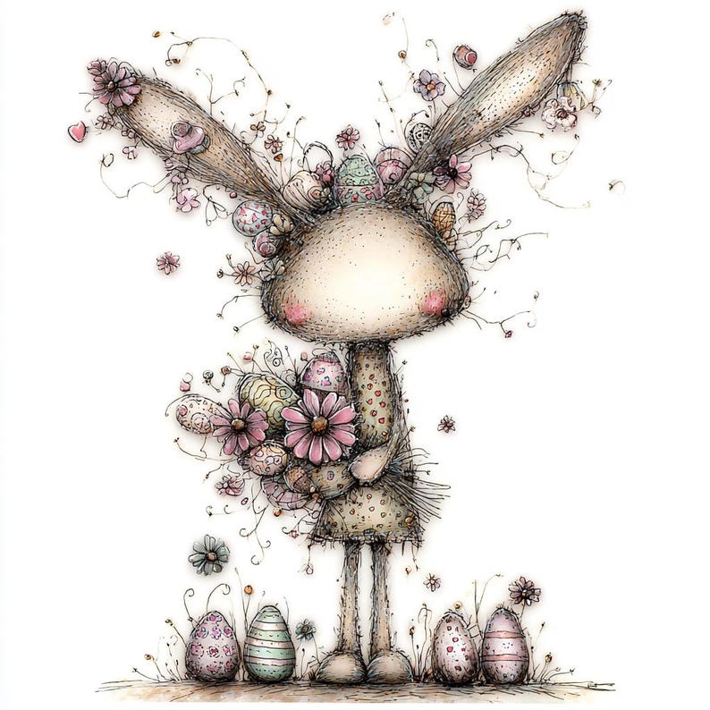 Easter Bunny With Flowers CLIPART Sketch Style Spring Illustration - Etsy