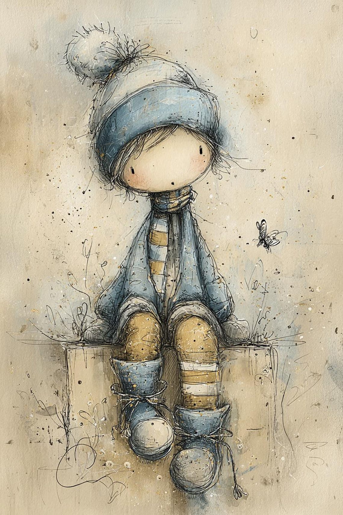 Whimsical Doll, Winter Girl Art, Cozy Kid Sketch, Blue Coat Girl, Cute ...