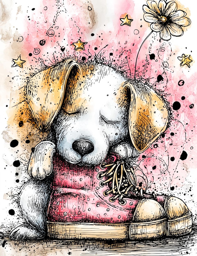 Sleepy Puppy Shoes PNG Set, Watercolor Dog Clipart, Cute Puppy Sleeping ...