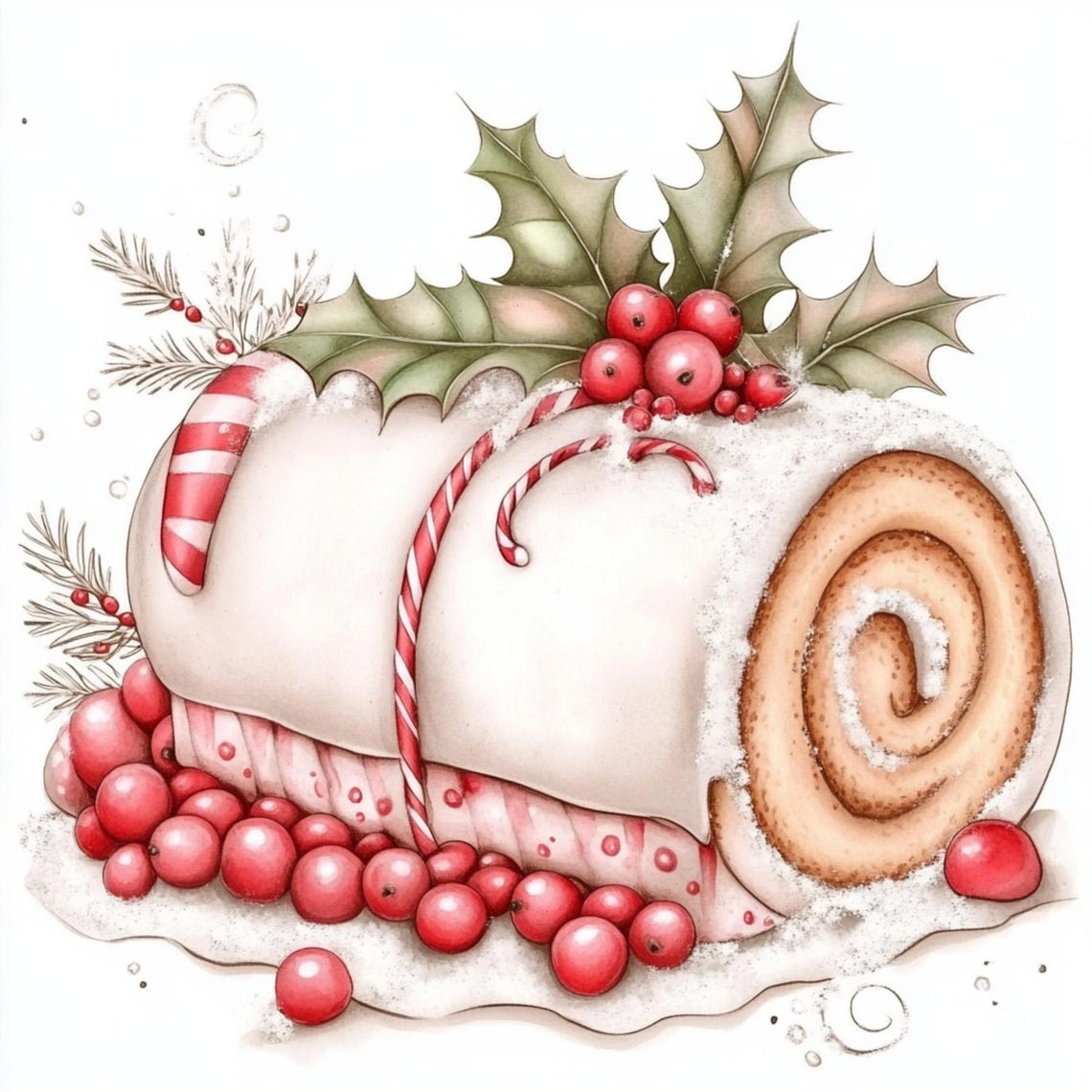 Yule Log, Yule Log Cake Art, Cute Xmas Dessert, Holly Cake Clipart ...