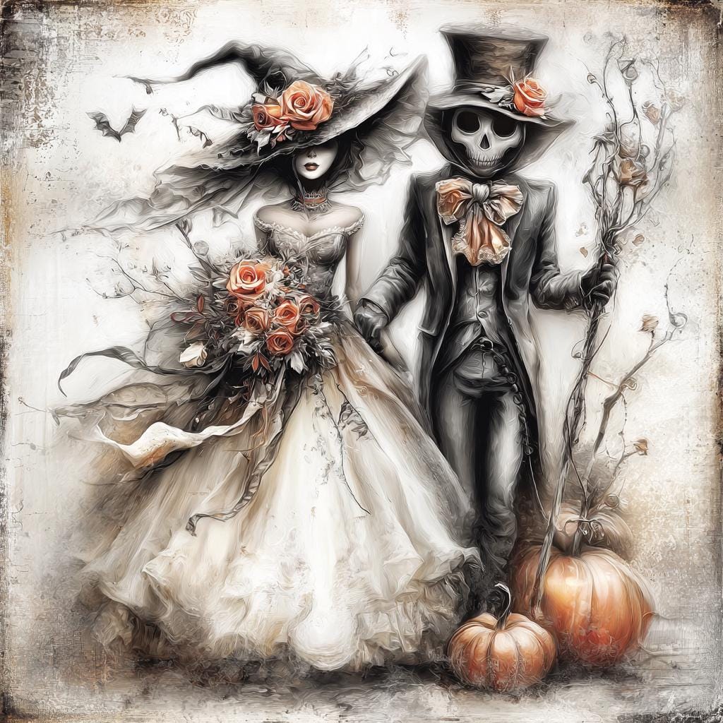 Halloween Couple, Gothic Wedding, Spooky Bride, Pumpkin Groom, Skeleton ...