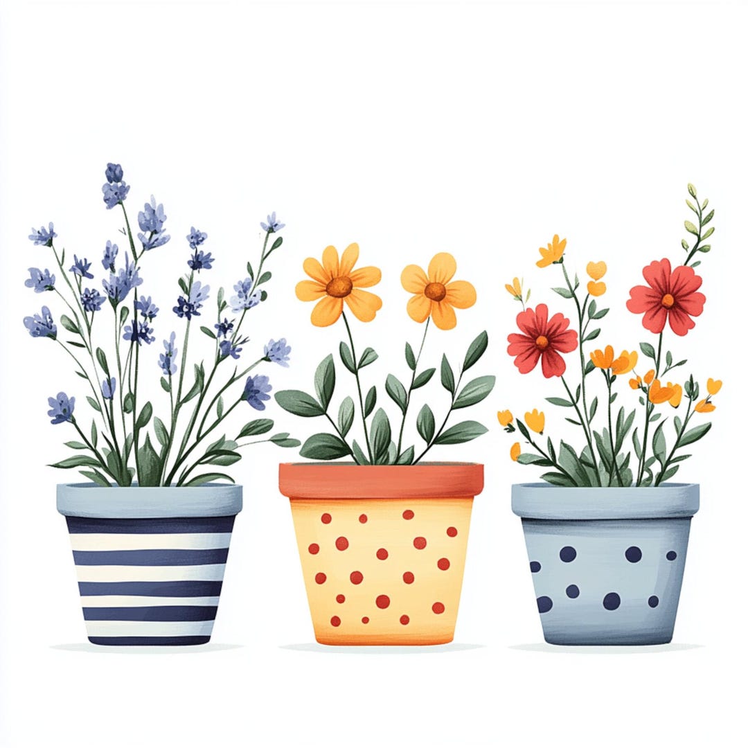 Cute Flower Pots, Plant Pot Art, Garden Clipart, Spring Flowers, Pot ...