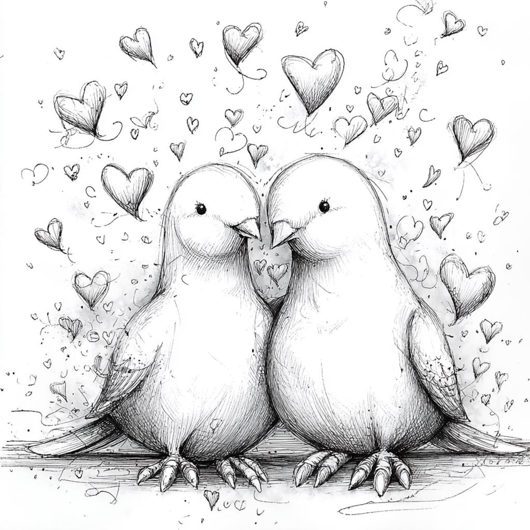 Romantic Dove Couple Clipart Set, Hand-drawn Love Birds With Hearts PNG ...