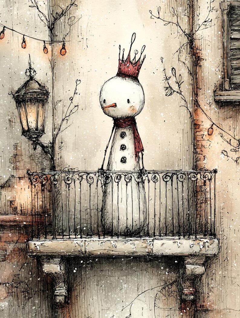Snow King Balcony, Whimsical Gothic Snowman PNG Set, Winter Crowned ...