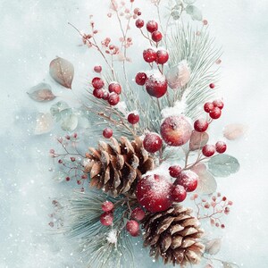 Watercolor Pinecone and Berry Clipart, Frosted Winter Branches, Red ...