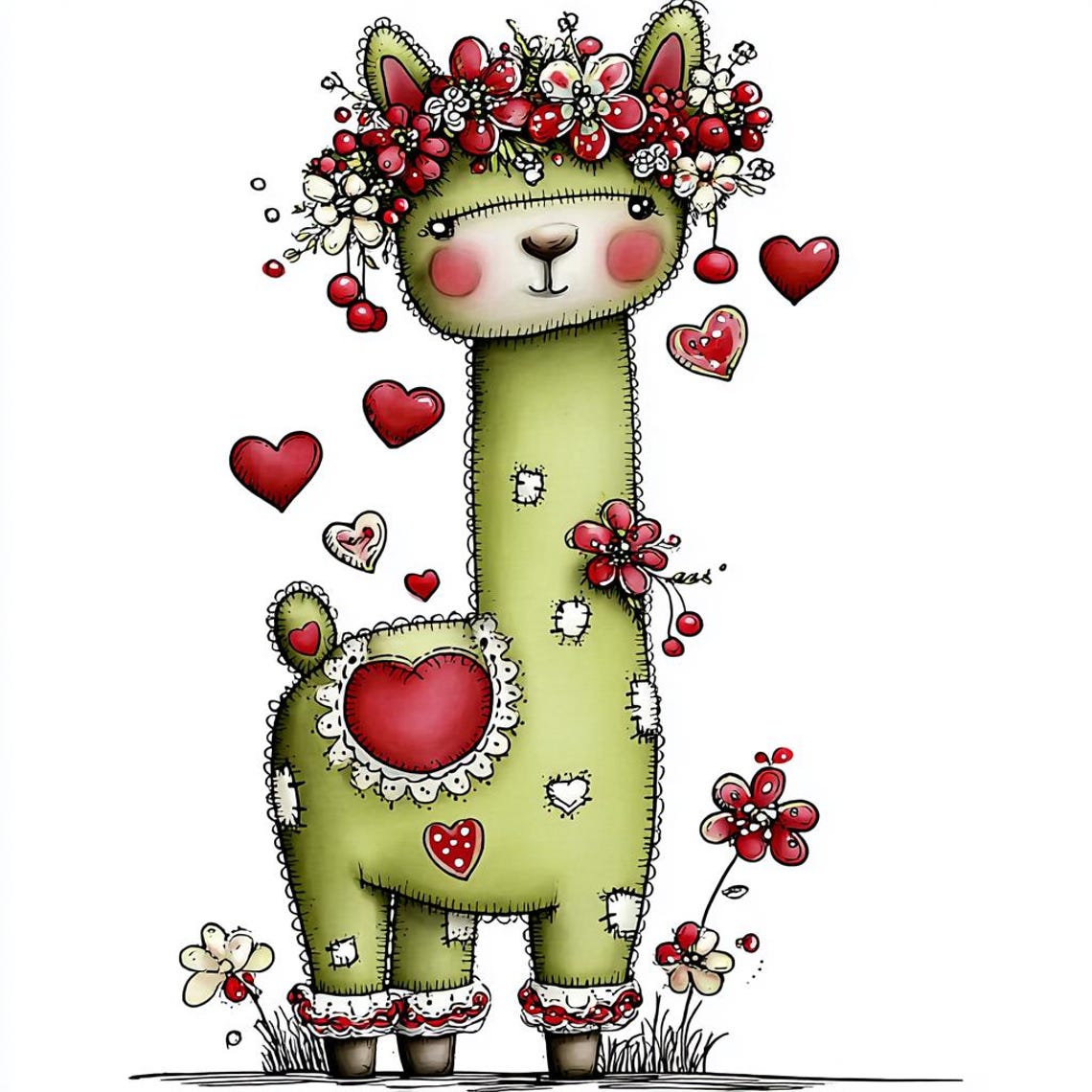 Whimsical Llama CLIPART With Floral Crown and Patchwork Hearts in ...