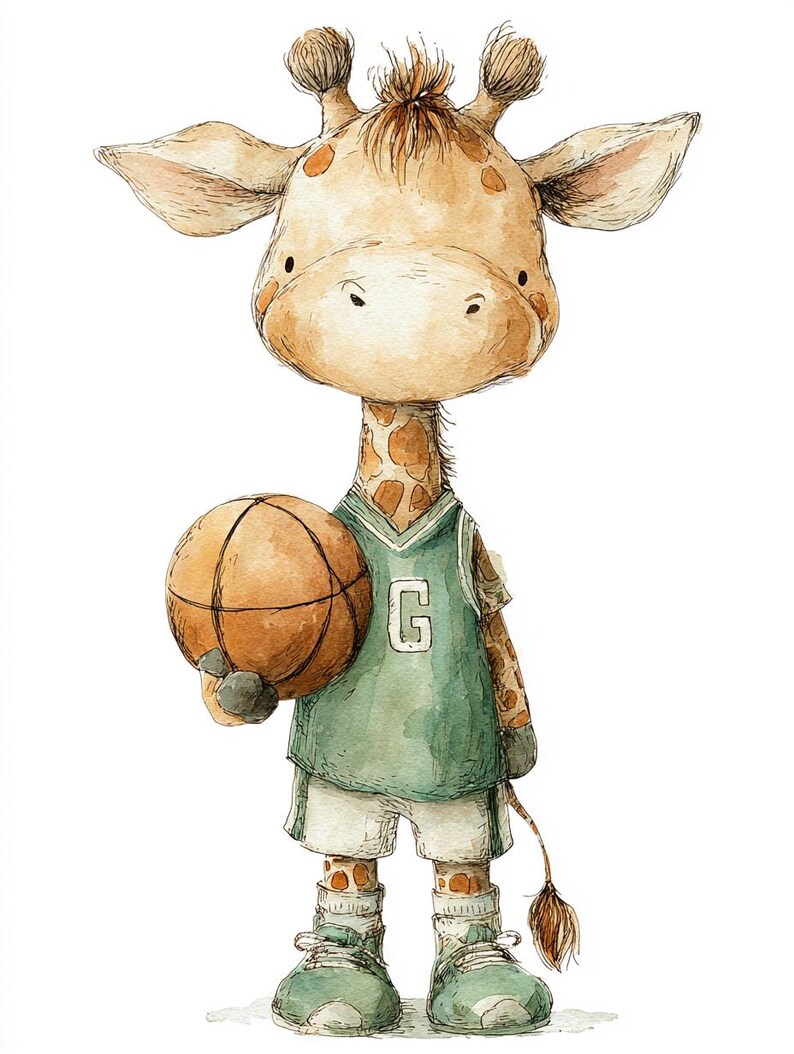 Basketball Giraffe CLIPART, Watercolor Sports Animal, Playful Hoops ...