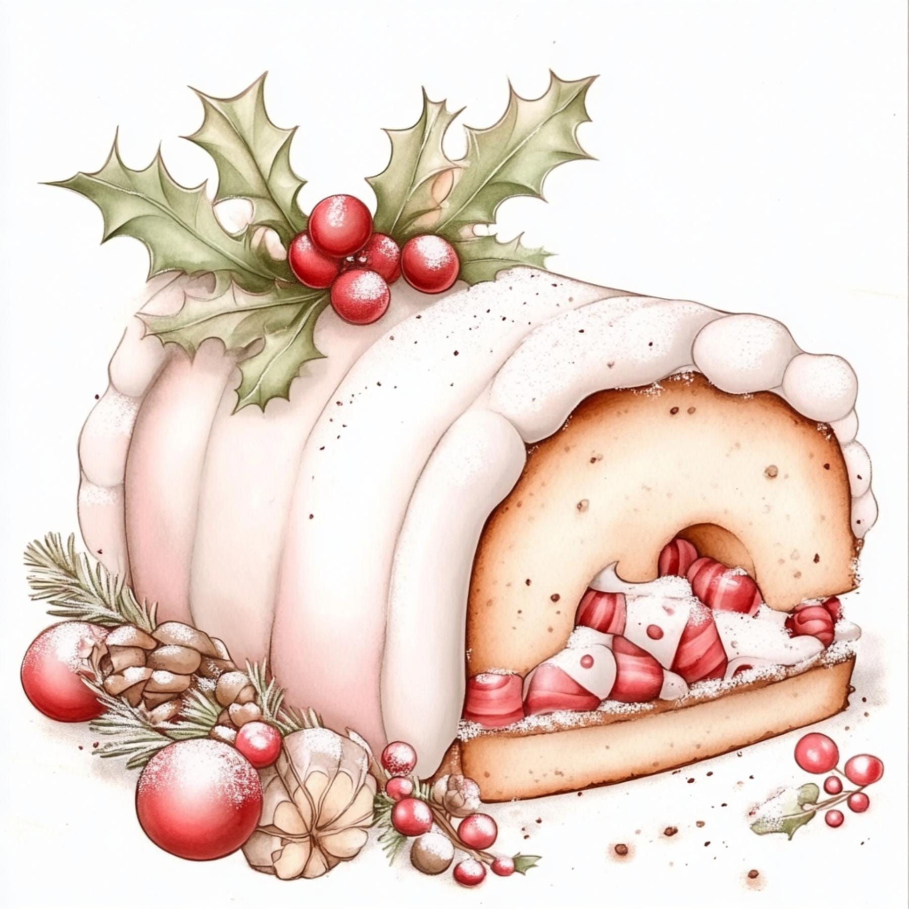Yule Log, Yule Log Cake Art, Cute Xmas Dessert, Holly Cake Clipart ...