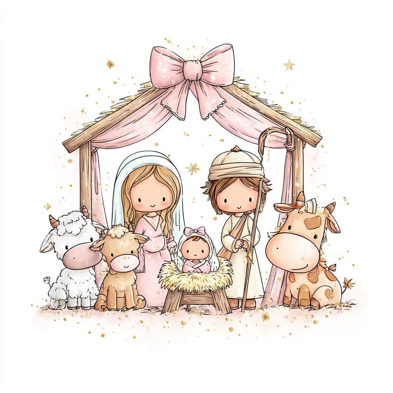 Whimsical Nativity Clipart Set, Holy Family Christmas PNG, Cute Manger ...