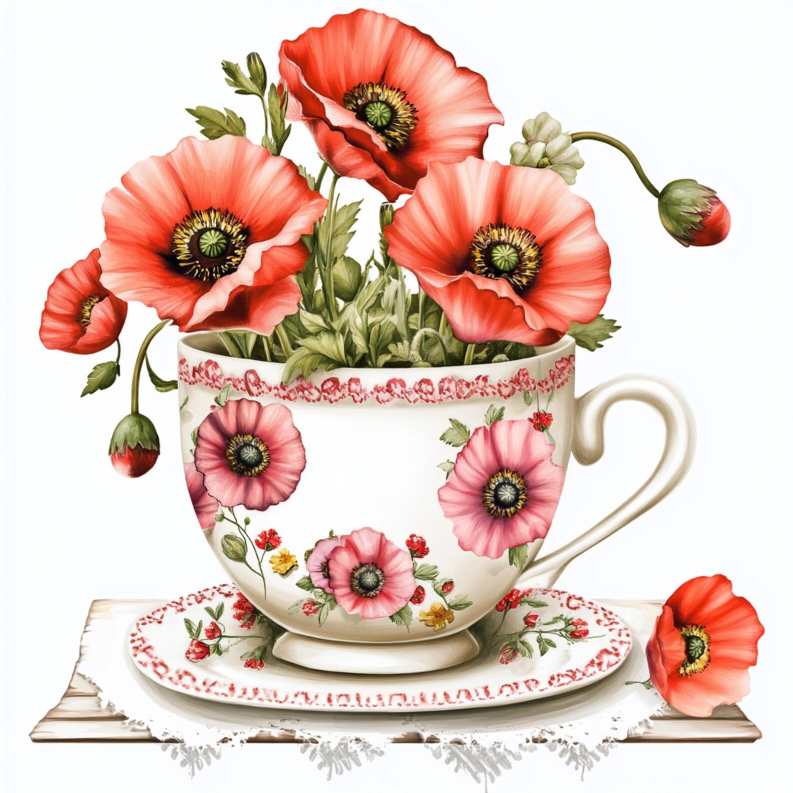 Poppy Teacup Art, Floral Cup Print, Vintage Flower Mug, Poppy Bouquet ...