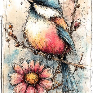 Bird Clipart, Cute Bird Art, Singing Bird, Floral Bird Art, Bluebird ...