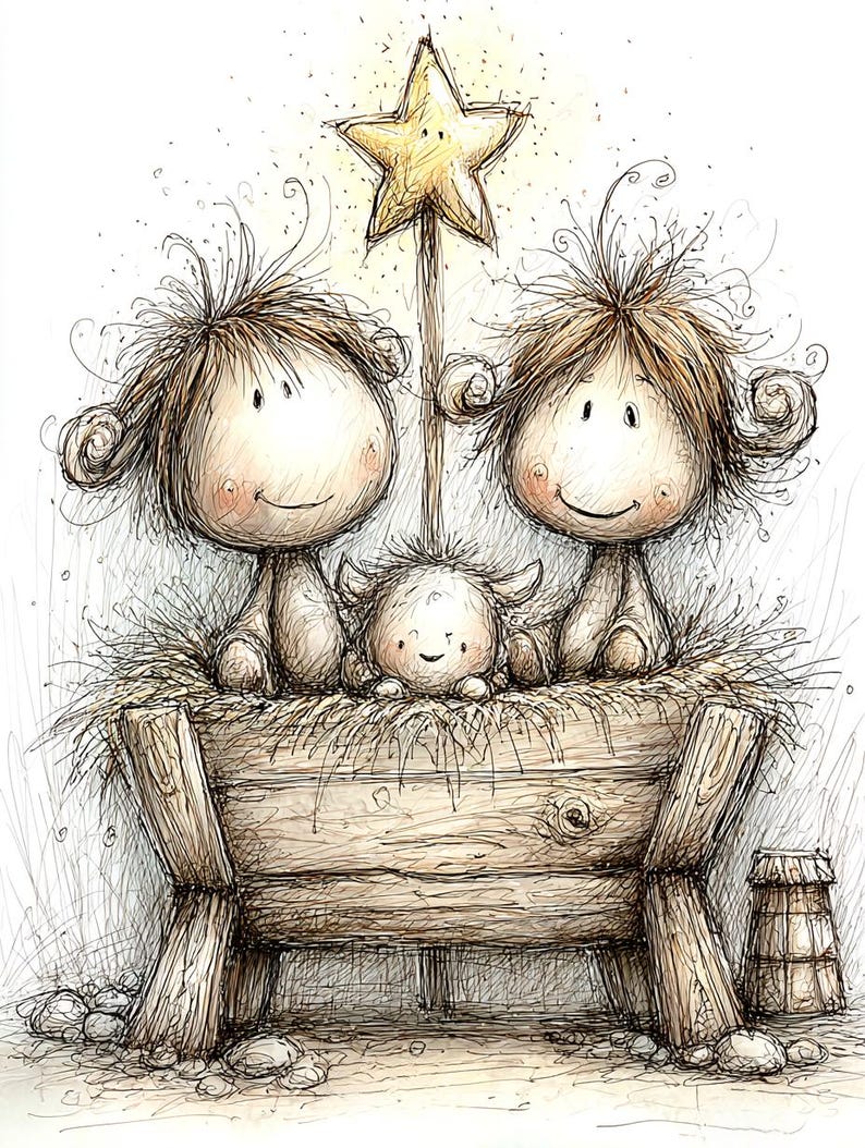Nativity Scene With Star – Hand-drawn Whimsical Christmas Illustration ...