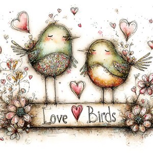 Love Birds CLIPART, Whimsical Ink and Watercolor Birds, Romantic Folk ...