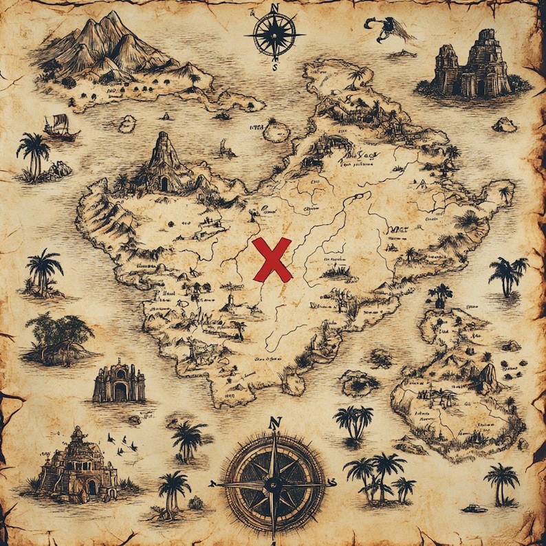 Treasure Map, Pirate Map, Old Map Art, X Marks Map, Vintage Map, Fantasy Map, Aged Parchment ...