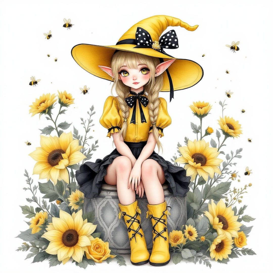 Sunflower Garden, Whimsical Elf Art, Floral Fantasy Design, Magical Bee ...