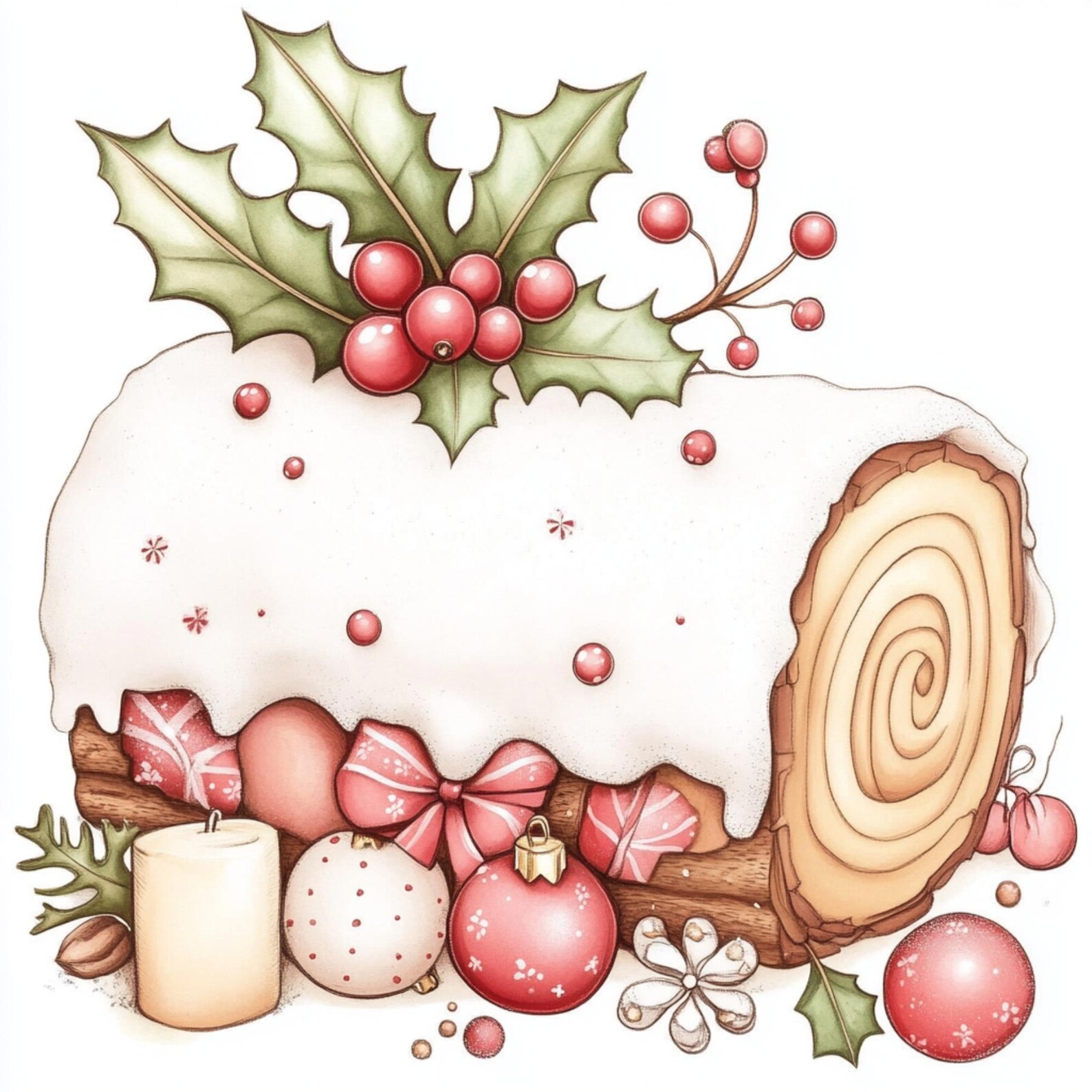 Yule Log, Yule Log Cake Art, Cute Xmas Dessert, Holly Cake Clipart ...
