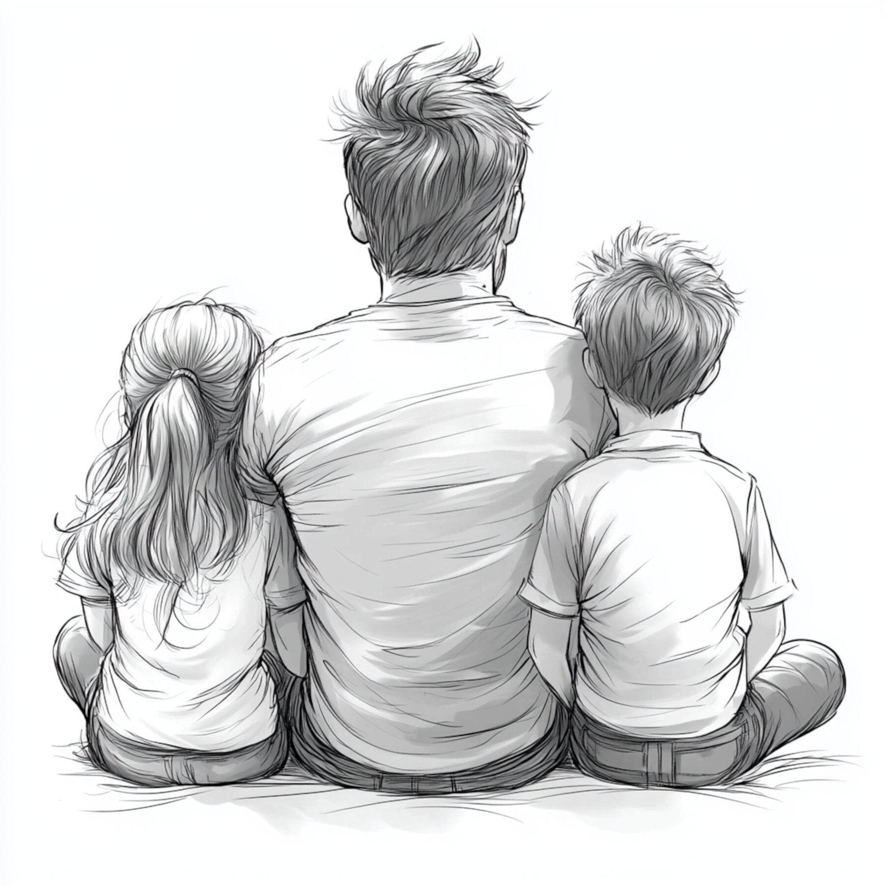 Father and Children, Dad With Kids, Father’s Day Sketch, Sentimental ...