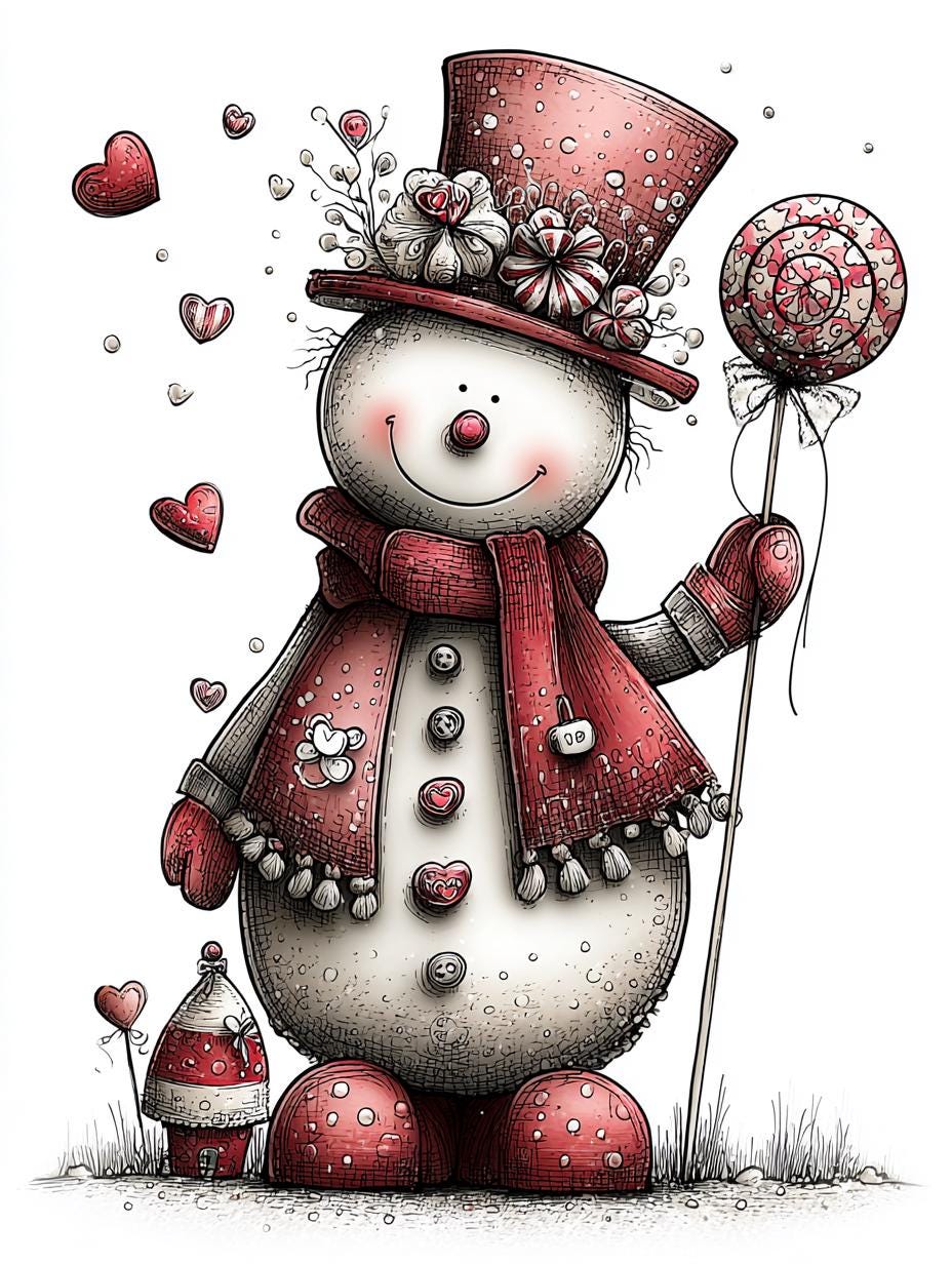 Whimsical Valentine Snowmen, Candy Cane Snowman Art, Top Hat Snowman ...