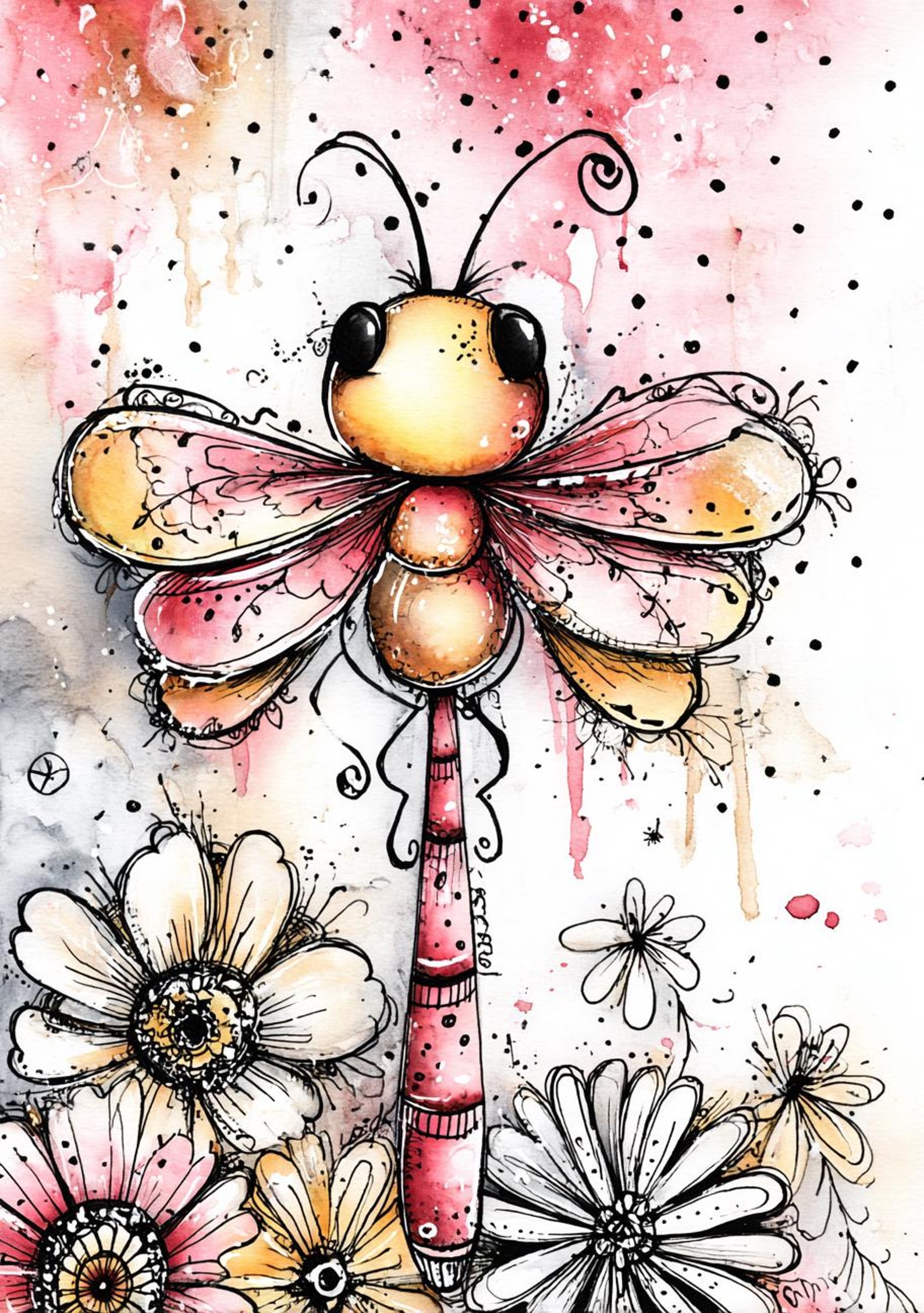 Cute Dragonfly, Floral Insect, Watercolor Bug, Pink Flower Art ...