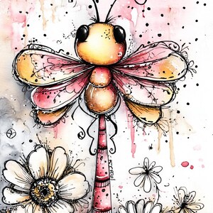 Cute Dragonfly, Floral Insect, Watercolor Bug, Pink Flower Art ...