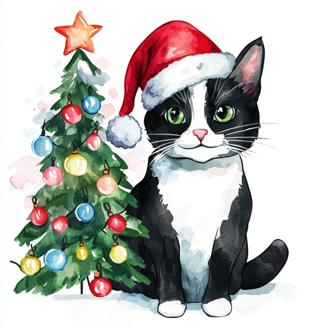 Xmas Cat, Cute Cat, Santa Cat, Holiday Cat, Cat Art, Festive Cat, Xmas ...