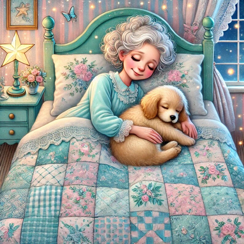Time for Bed, Whimsical Art, Cozy Bedtime, Elderly Woman, Cute Puppy ...