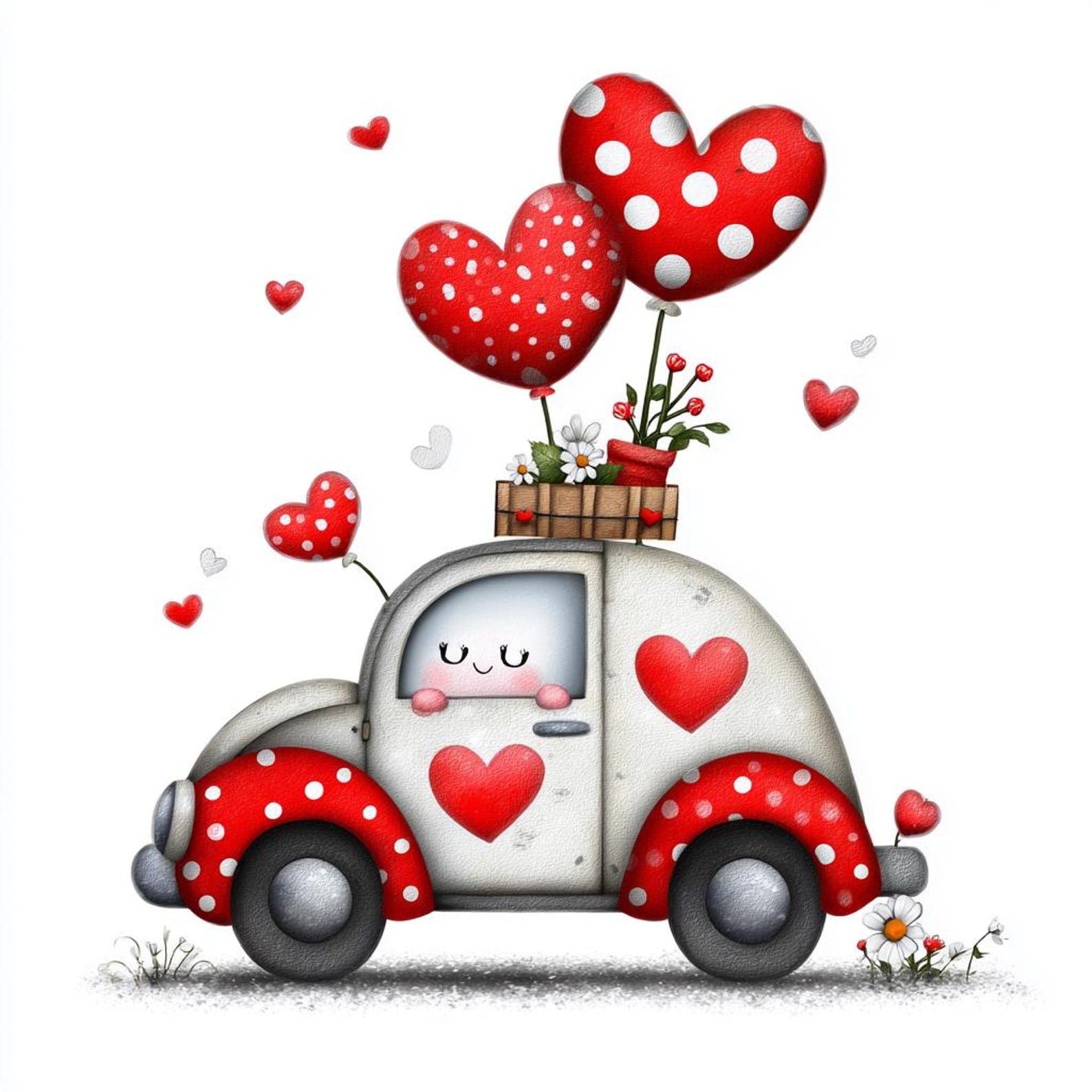 Valentine Car Clipart, Heart Balloon Car Art, Polka Dot Love Bug, Red ...