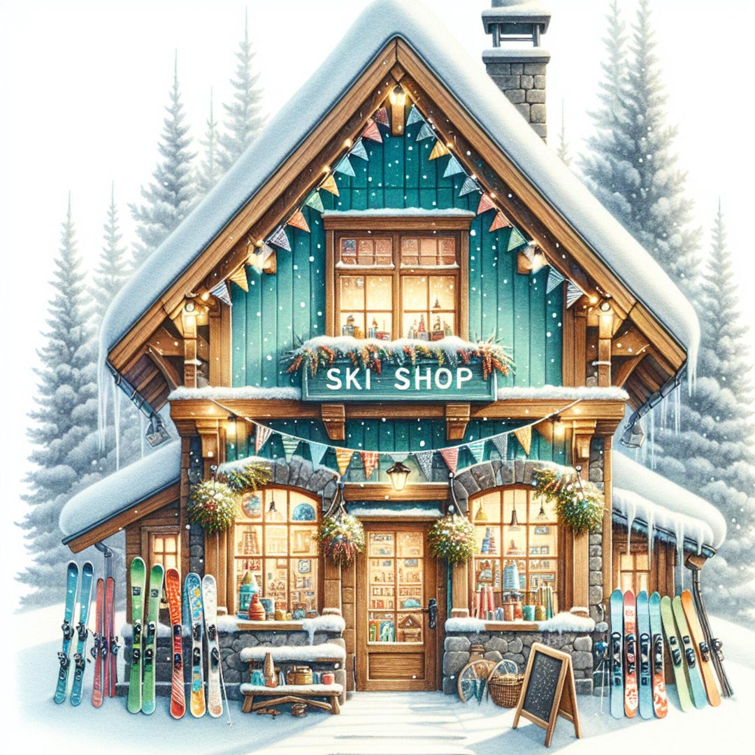 Ski Shop Clipart, Winter Shop Art, Snowy Cabin Clipart, Ski Lodge Art ...