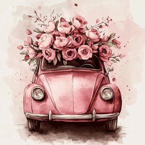 Bloommobiles, Pink Car Clipart, Flower Car Art, Retro Floral Car, Girly ...