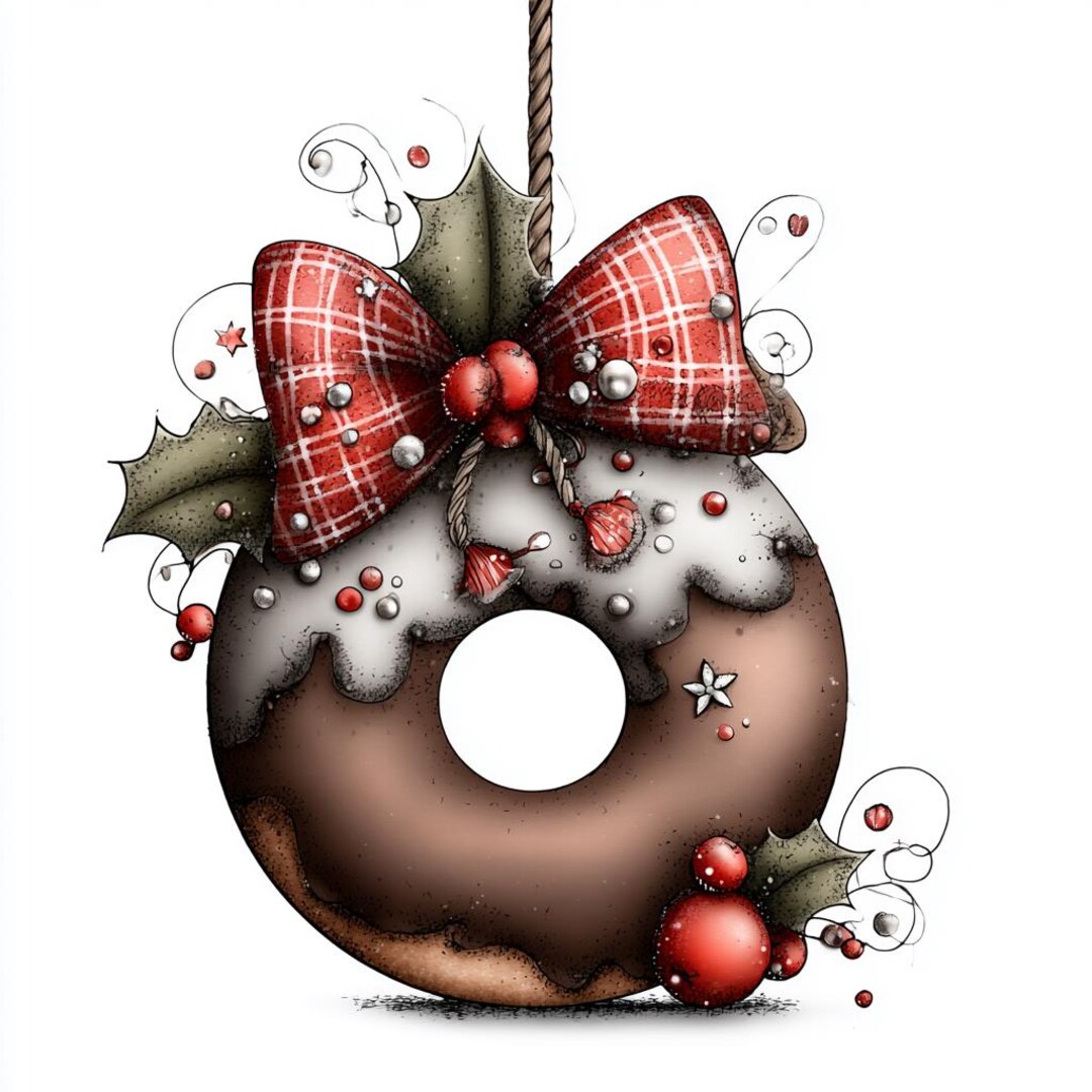 Christmas Donut Wreath Clipart, Cozy Holiday Dessert PNG, Hand-drawn ...