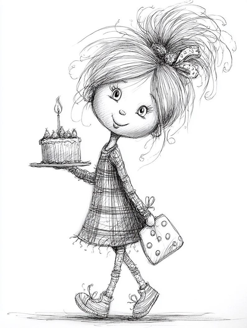 Birthday Girl Sketches, Doodle PNG Set, Whimsical Girl With Cake, Hand ...