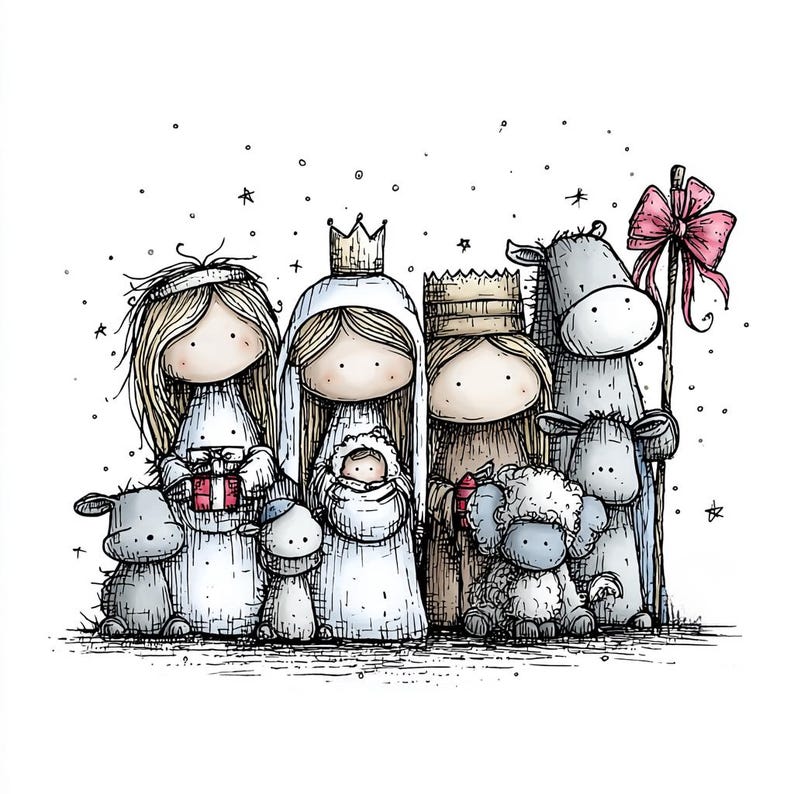 Whimsical Nativity Doodle Set, Hand-drawn Christmas PNG, Holy Family ...