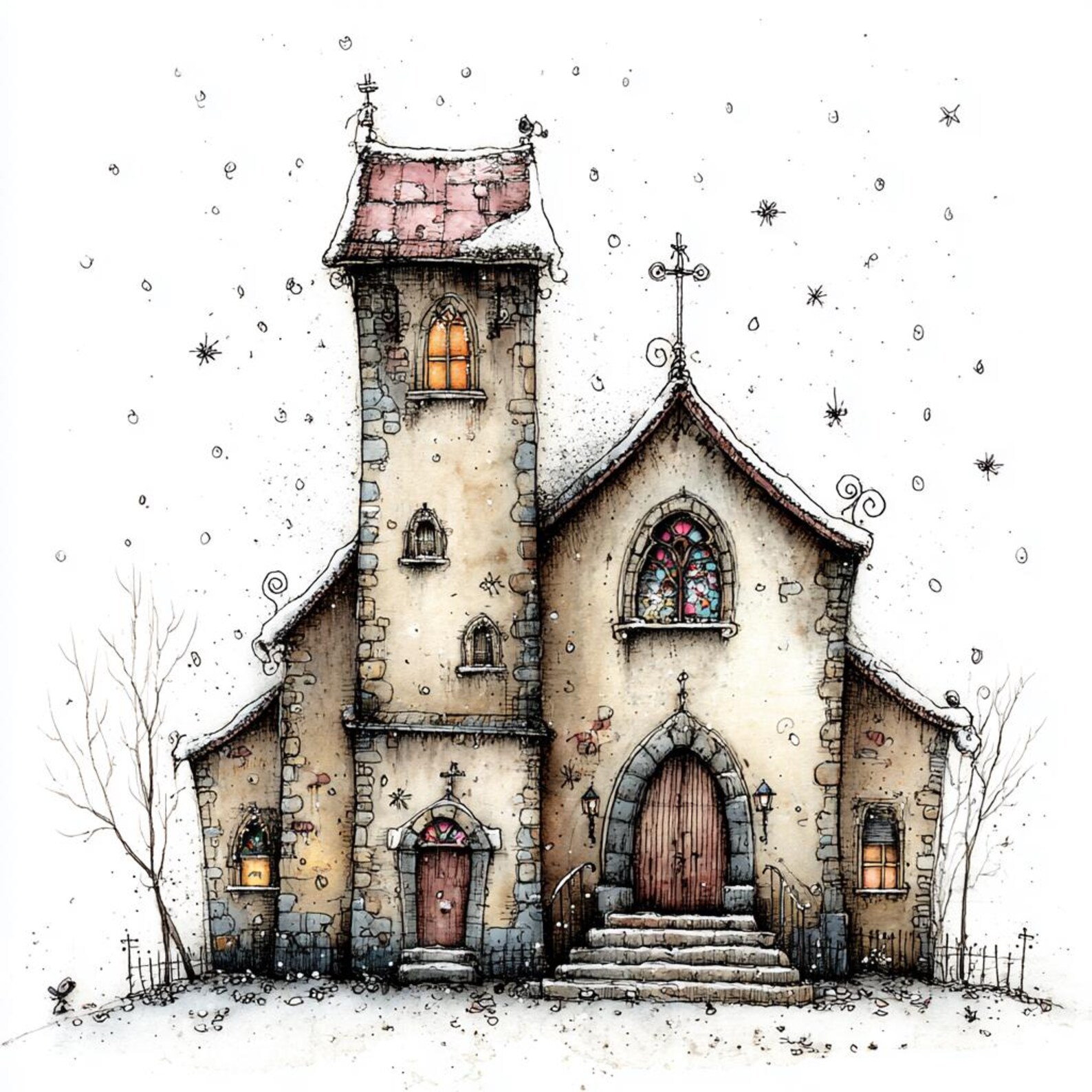 Whimsical Snowy Church Illustration, Winter Village Wall Art, Cozy ...