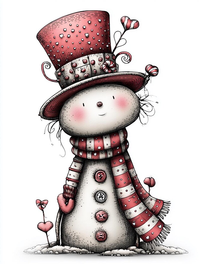 Whimsical Valentine Snowmen, Candy Cane Snowman Art, Top Hat Snowman ...