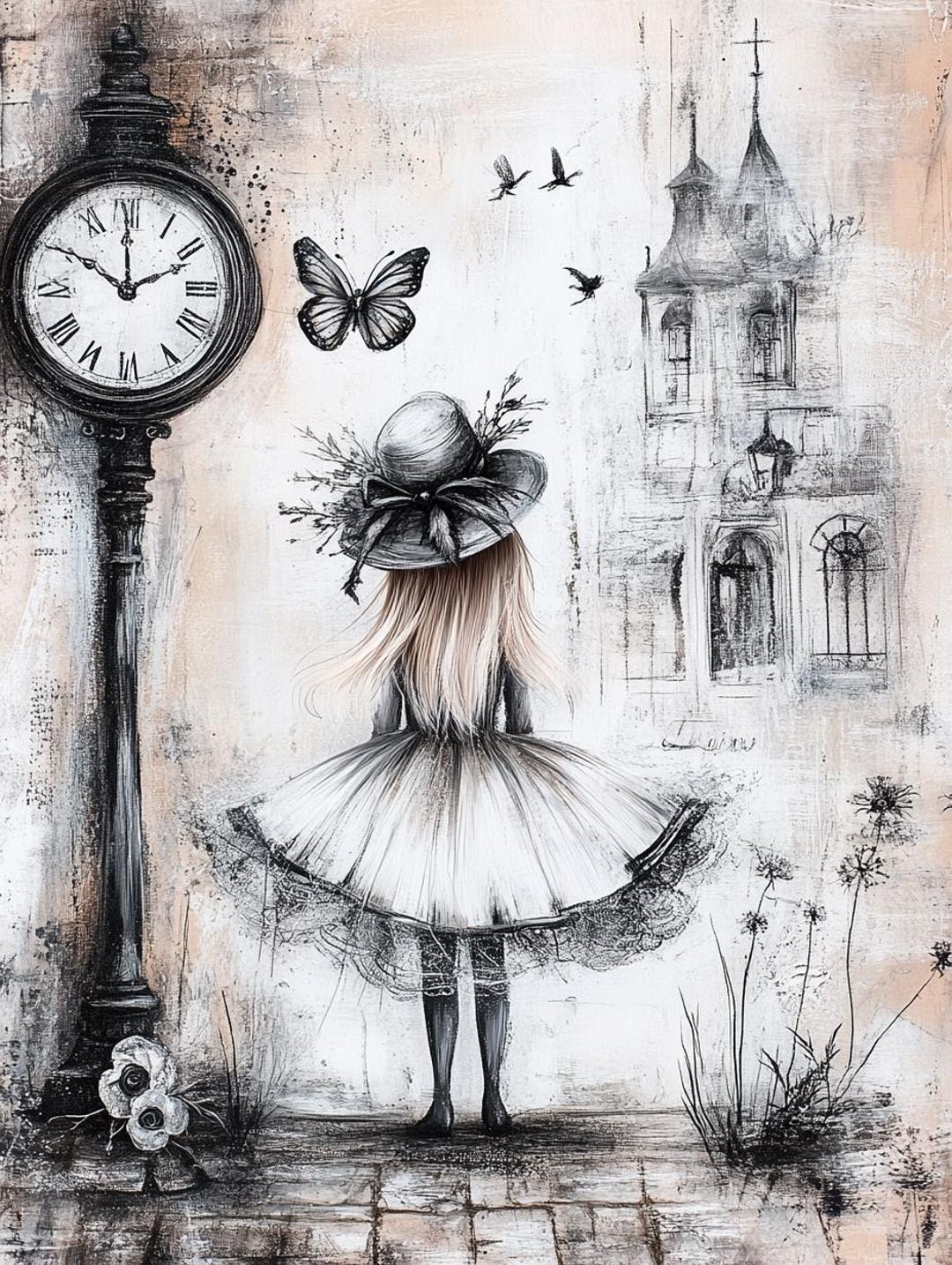Vintage Clock, Girl Sketch, Butterfly Art, Dreamy Scene, Black White ...