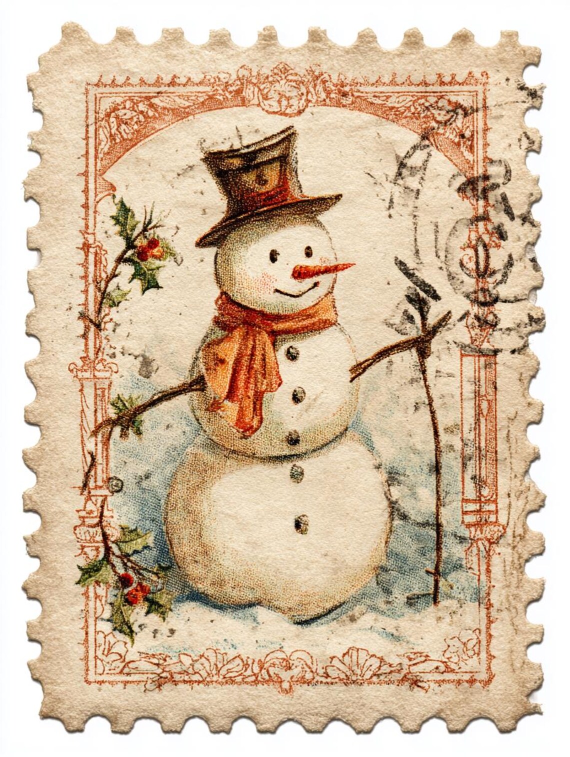 Vintage Snowman, Snowman Stamp, Winter Postage, Christmas Art, Festive ...