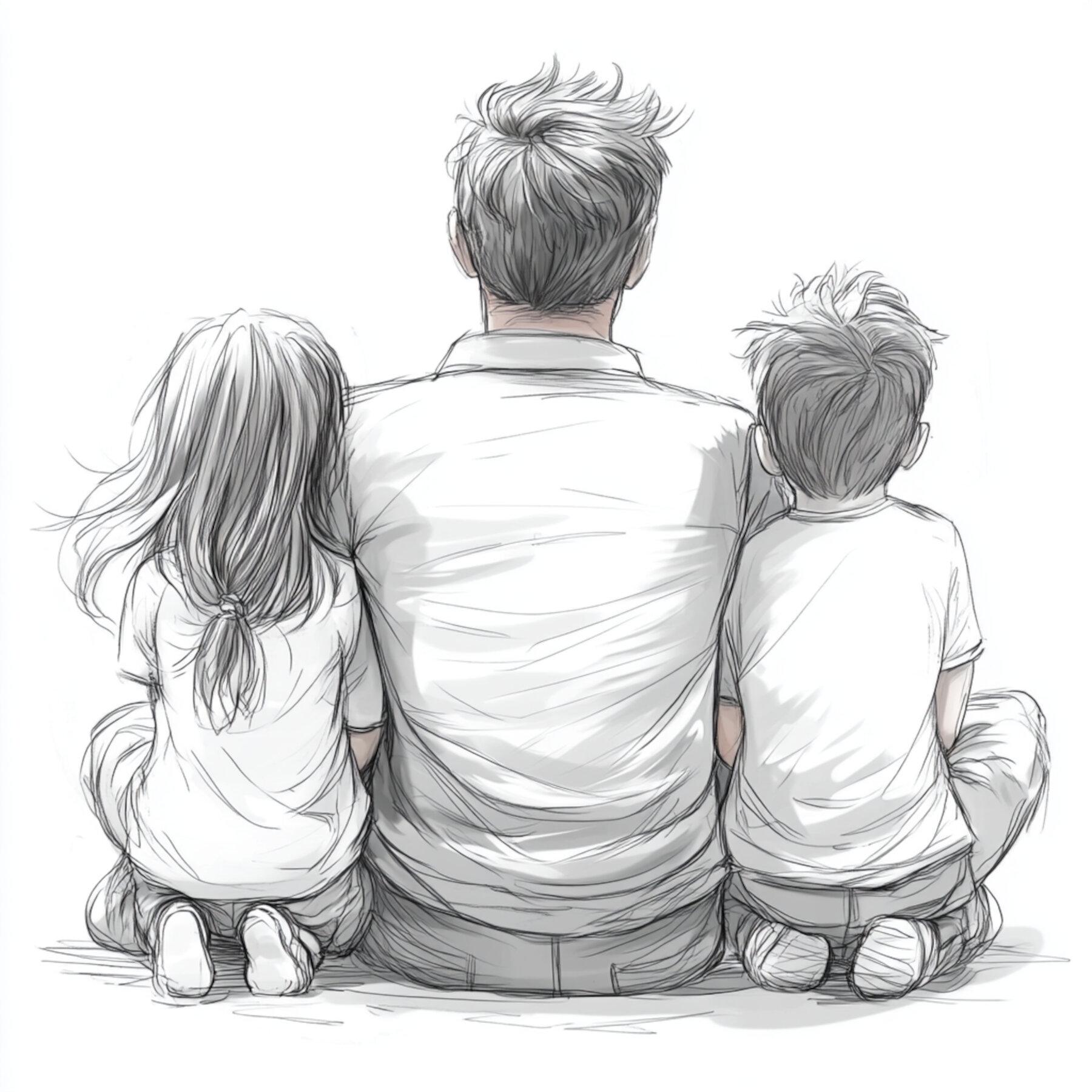 Father and Children, Dad With Kids, Father’s Day Sketch, Sentimental ...