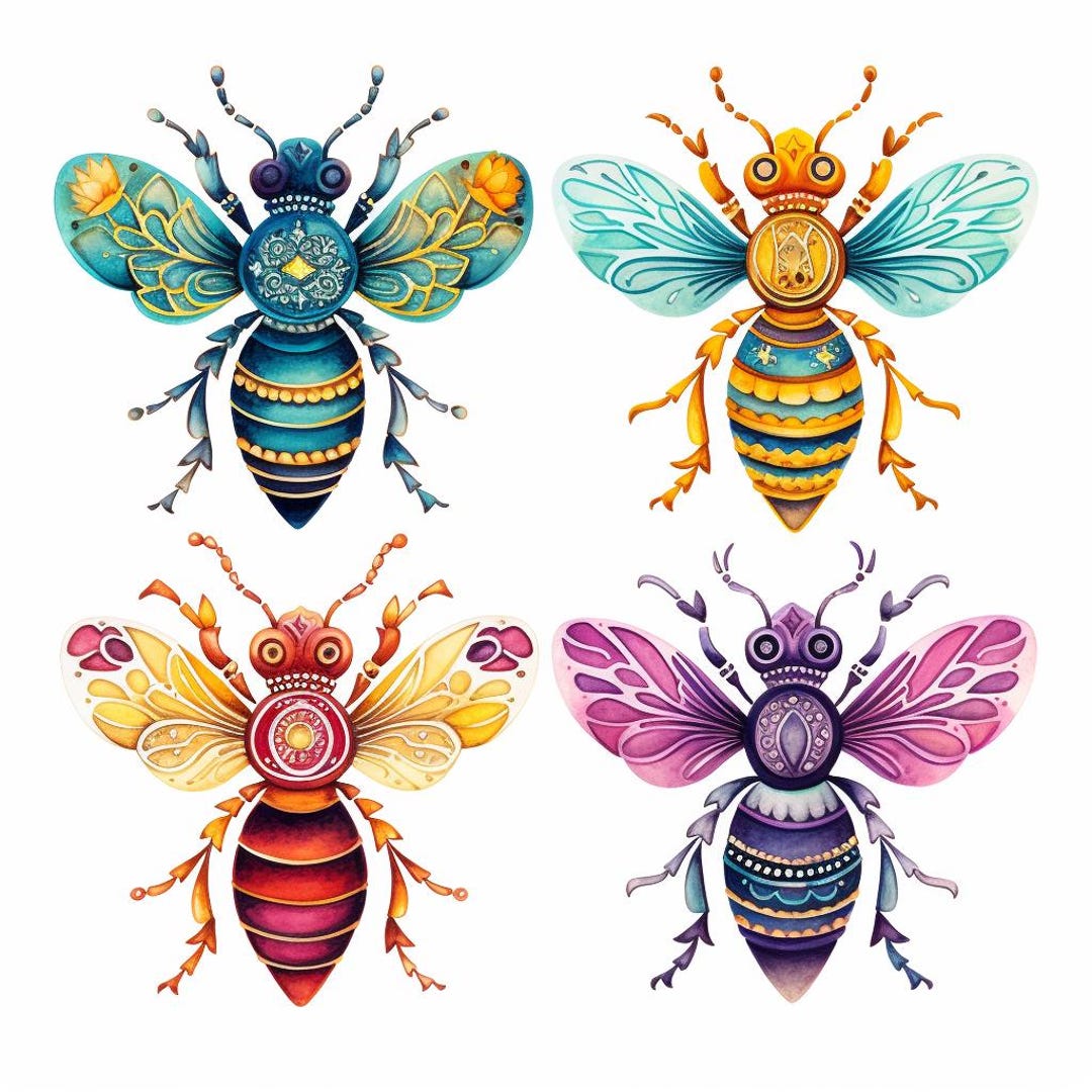 Boho Bees, Floral Bees, Cute Bee Art, Whimsical Bees, Honey Bee, Folk ...