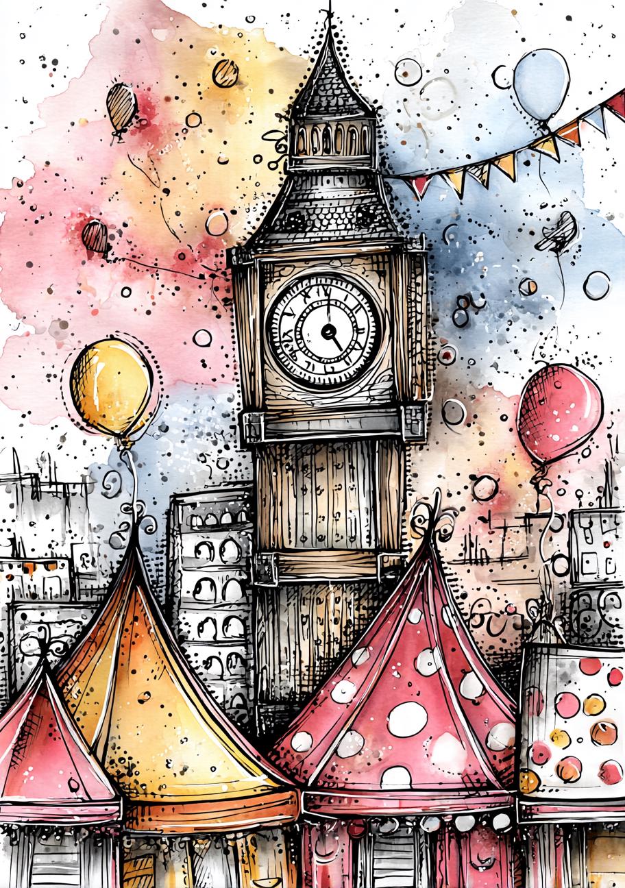 Clock Tower Art, Carnival Scene, Fair Tents, Festive Balloons, Vintage ...