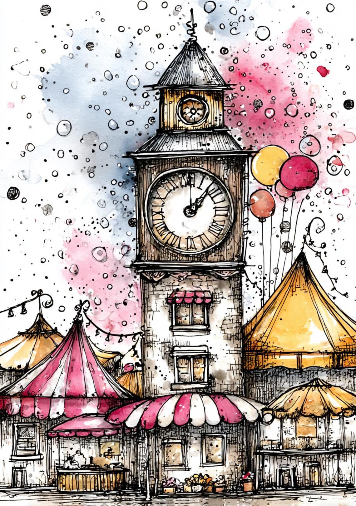 Clock Tower Art, Carnival Scene, Fair Tents, Festive Balloons, Vintage ...