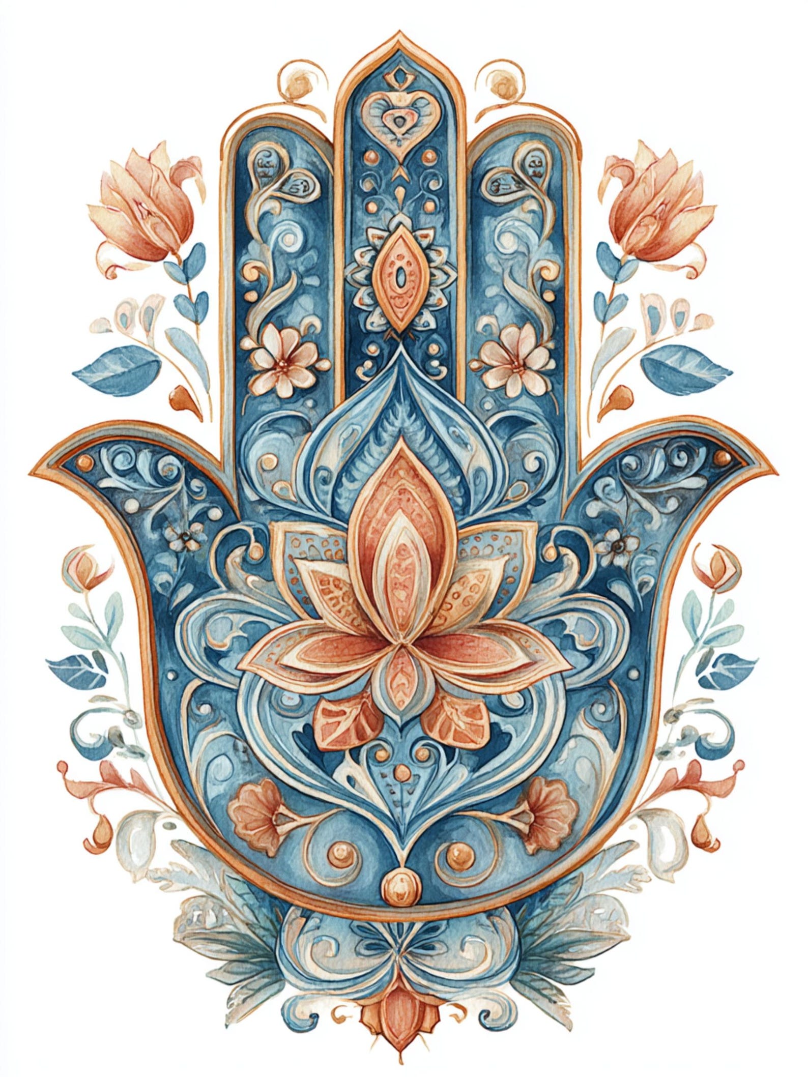 Hamsa, Hamsa Clipart, Blue Hamsa Art, Floral Hamsa, Boho Hand Art, Mystic Wall Art, Watercolor ...