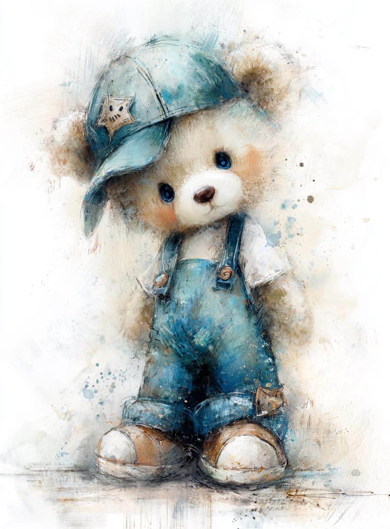 Blue Bears, Watercolor Teddy Clipart, Boy Bear in Overalls, Cap Wearing ...