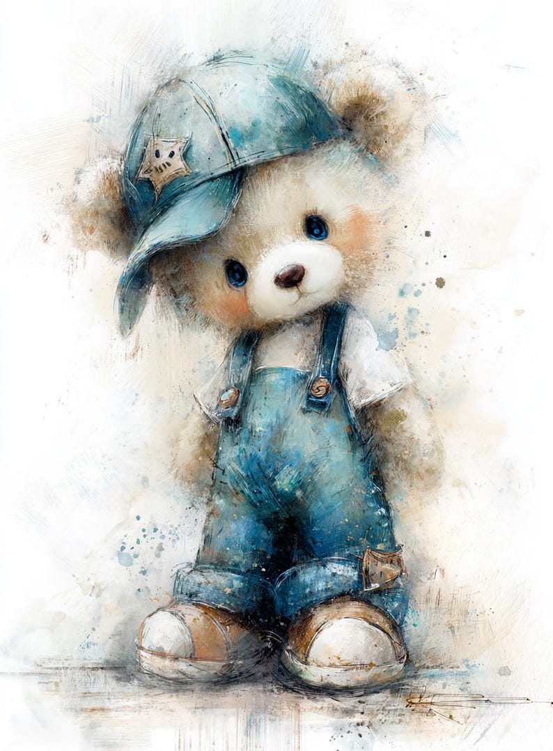 Blue Bears, Watercolor Teddy Clipart, Boy Bear in Overalls, Cap Wearing ...