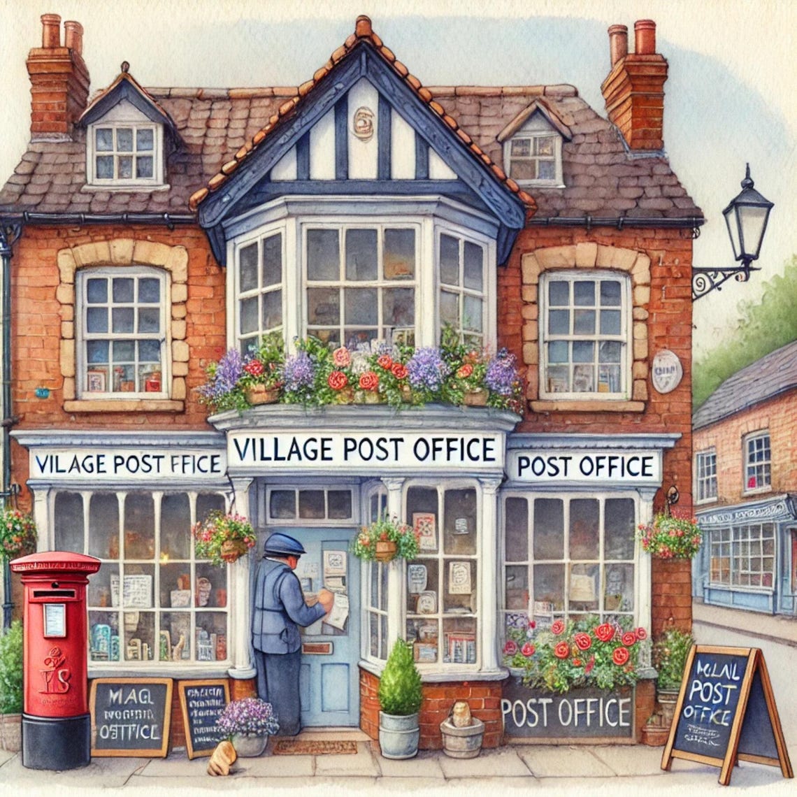 The Village Post Office, Watercolor Illustration, Charming Town Scene ...
