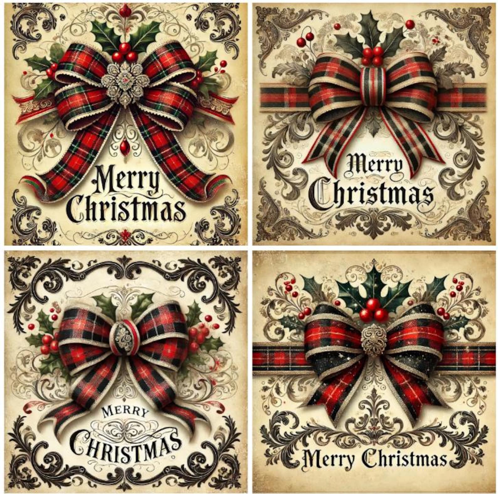 Tartan Christmas, Vintage Christmas, Plaid Bow Card, Merry Xmas Art ...